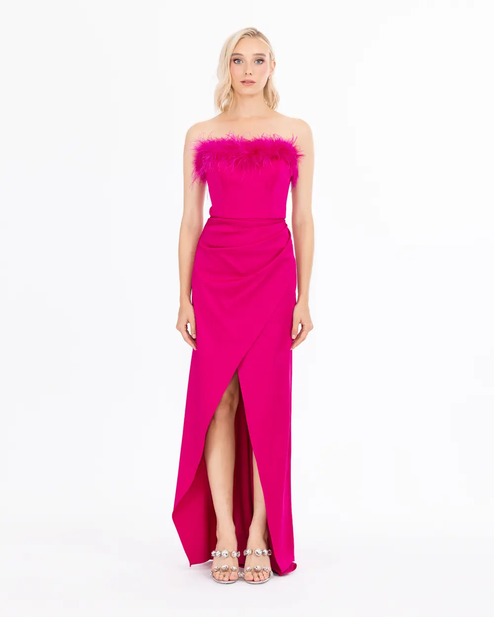 Feather Detailed Satin Woven Slit Evening Dress - Ilmio