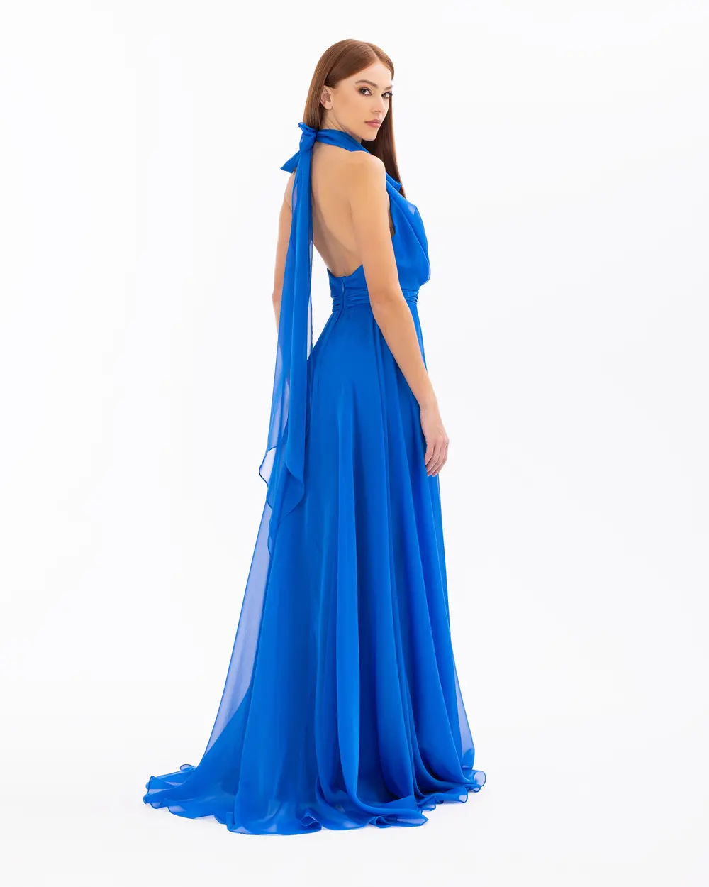 Halter Neck Back Decollete Draped Sleeveless Evening Dresses - Ilmio