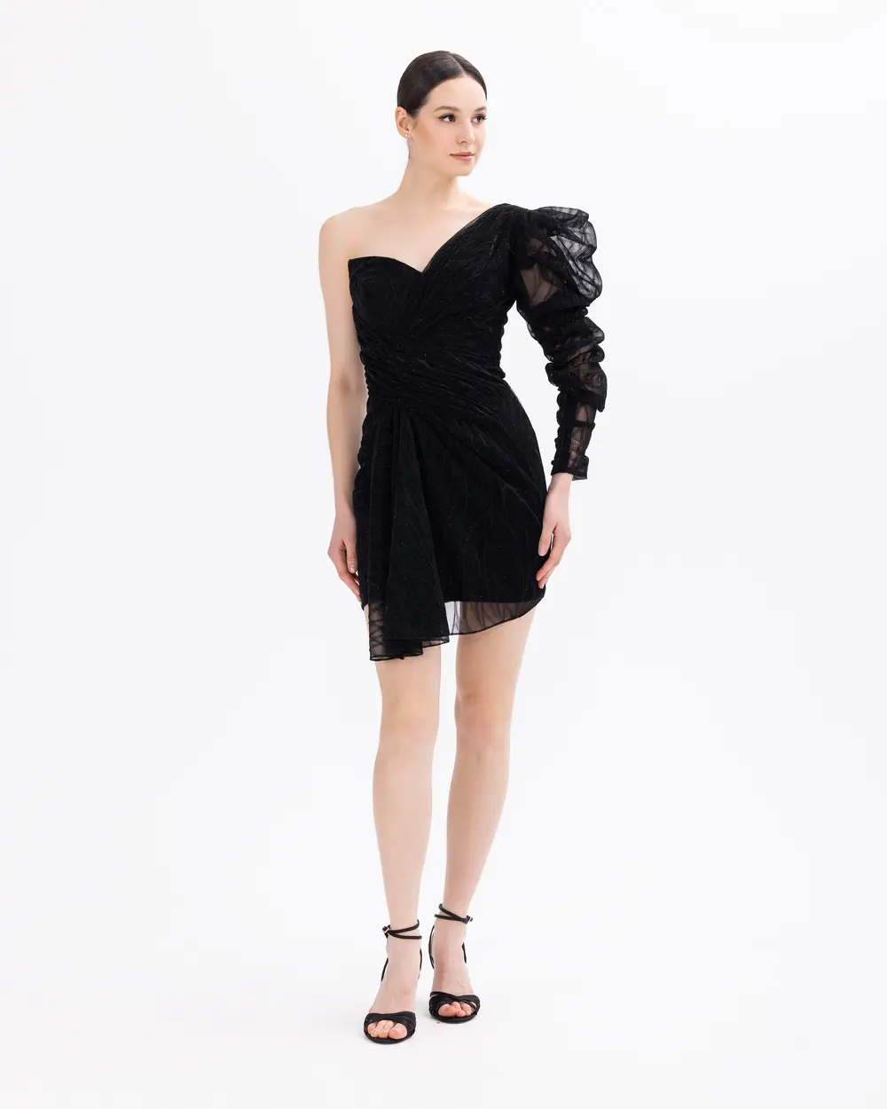 Asymmetric Collar Silvery Mini Evening Dress - Ilmio