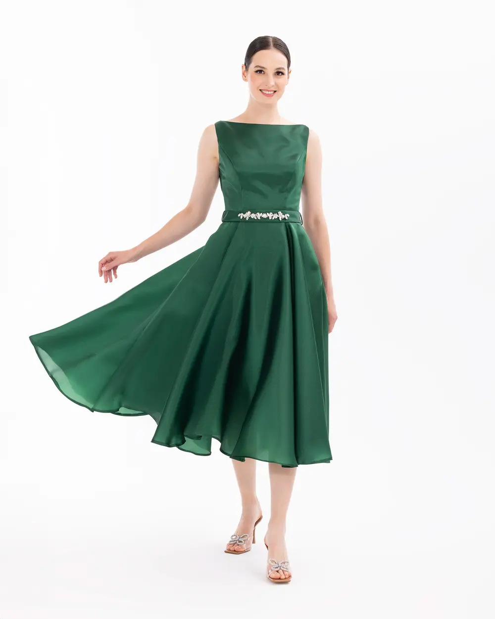 A-line Belted Satin Midi Length Evening Dresses - Ilmio